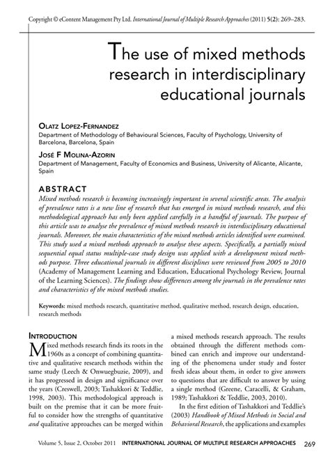 Pdf The Use Of Mixed Methods Research In Interdisciplinary
