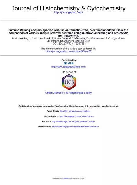 Pdf Immunostaining Of Chain Specific Keratins On Formalin Fixed Paraffin Embedded Tissues A