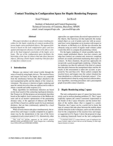 Pdf Contact Tracking In Configuration Space For Haptic Rendering Purposes