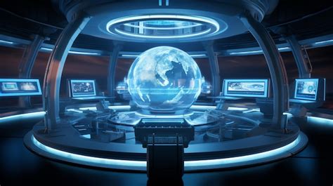 Holographic Command Center With Spherical Interface Surrounded By Floating Holographic Screens