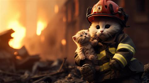 Premium Ai Image A Cat With A Fireman On His Back Holds A Kitten
