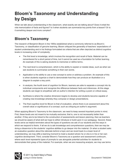 Blooms Taxonomy And Understanding By Design Pdf Understanding