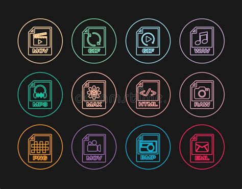 Set Line Eml File Document Raw  Max Mp3 Mov Html And Icon Vector Stock Illustration