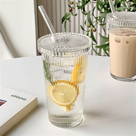 Glass Tumbler Stripe Glass Cup Coffee Cup With Lid And Straw Drinking