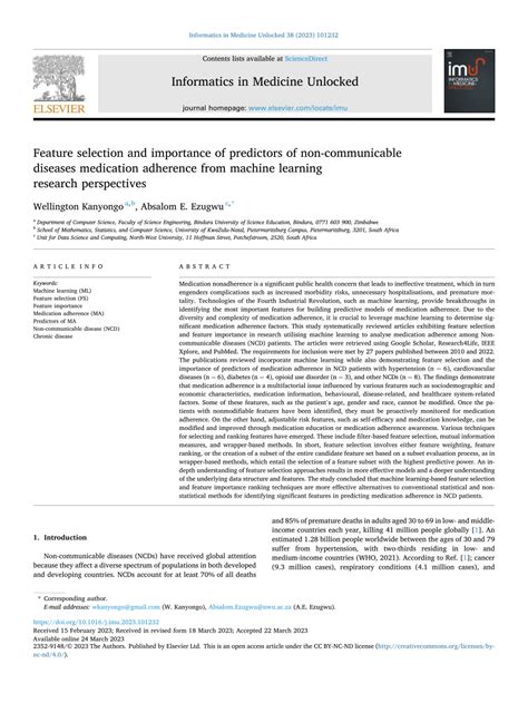 Pdf Feature Selection And Importance Of Predictors Of Non Communicable Diseases Medication