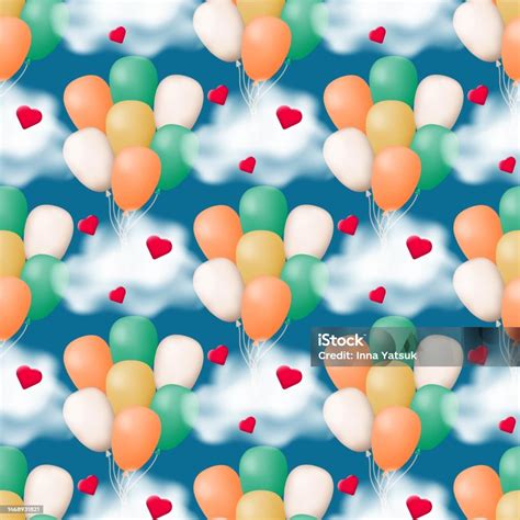 아름다운 파란색 배경에 푹신한 구름 사이에 놓인 다채로운 풍선과 빨간 하트 묶음을 특징으로 하는 매끄러운 패턴으로 디자인에