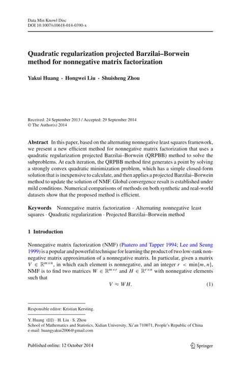 pdf quadratic regularization projected barzilai borwein method for nonnegative matrix