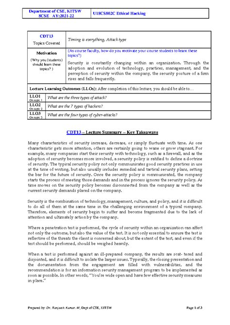 Eh Week 5 13 Noted For Eh Department Of Cse Kitsw 8cse Ay2021 22 U18cs802c Ethical Hacking