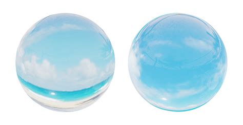 클리핑 경로와 흰색 배경에 격리 된 3d 유리 구 세계 구름과 해변 모래와 푸른 하늘에 크리스탈 모양 또는 현실적인 유리 공 자유와 환경의 추상적 개념 구에 대한 스톡 사진