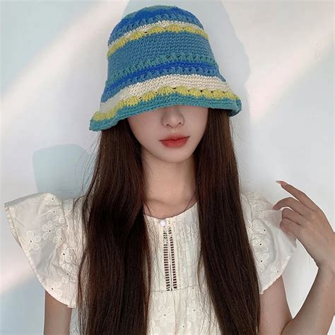 여성용 패치 컬러 니트 버킷 모자 봄 여름 크로셰 어부 모자 가을 짧은 챙 분지 모자 소녀 파나마 밥 Gorros