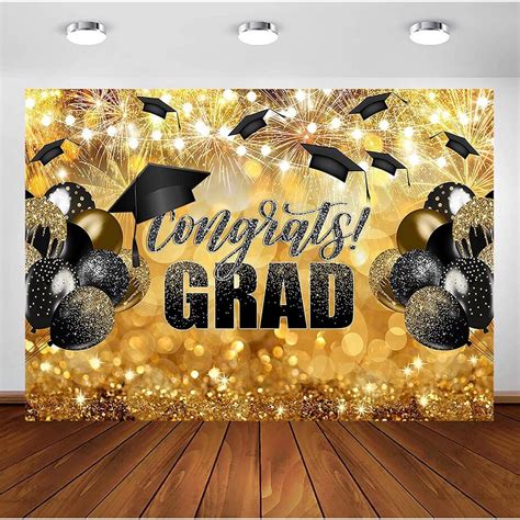 Congrats Grad Backdrop Black Gold Glitter Graduation Party Decorations