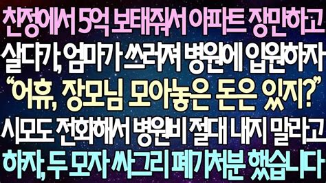 반전 사연 친정에서 5억 보태줘서 아파트 장만하고 살다가 엄마가 쓰러져 병원에 입원하자 시모도 전화해서 병원비 절대 내지 말라고 하자 두 모자 싸그리 폐기처분 했습니다