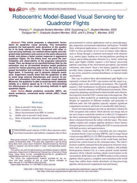 Pdf Robocentric Model Based Visual Servoing For Quadrotor Flights