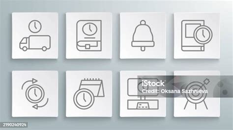 화살표가 있는 라인 시계 책 시간 캘린더 및 시계 스마트 Tv 시간 대상 스포츠 벨 울리기 배송 아이콘을 설정합니다 벡터 개념에 대한 스톡 벡터 아트 및 기타 이미지