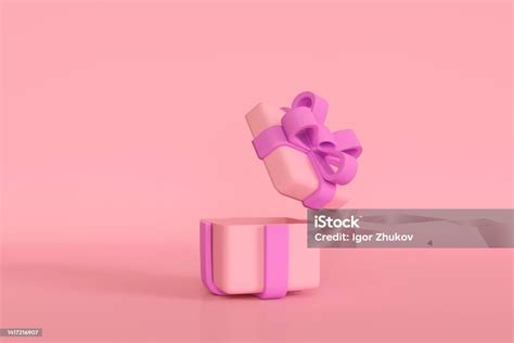캐러멜 배경에 분홍색 리본 활이있는 3d 오픈 선물 상자 카라멜 색상 크리스마스 생일 광고 프로모션 3d 렌더링 그림 3차원 형태에 대한 스톡 사진 및 기타 이미지 Istock