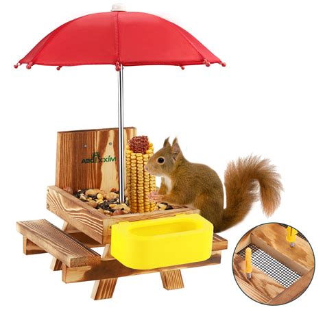 Mixxidea Wooden Squirrel Feeder Table With Water Bowl Squirrel Picnic Table For Outside With