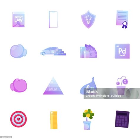아이콘은 특허 법 책 스마트 폰과 방패 인증서 권투 장갑과 자동차를 설정합니다 돈 팔라듐 및 Mlm 피라미드 흰색 배경에 고립 된 대상 및 계산기 만화 벡터 일러스트레이션