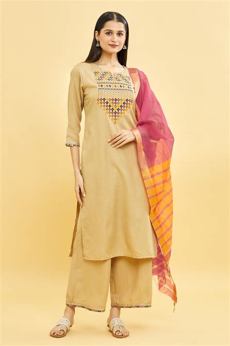Buy Beige Cotton Blend Embroidered Yoke Geometric Notched Round Neck Kurta Pant Set For Women By