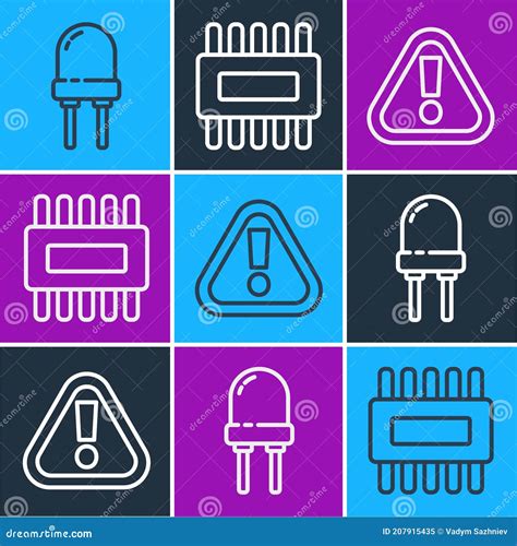 Set Line Light Emitting Diode Exclamation Mark In Triangle And