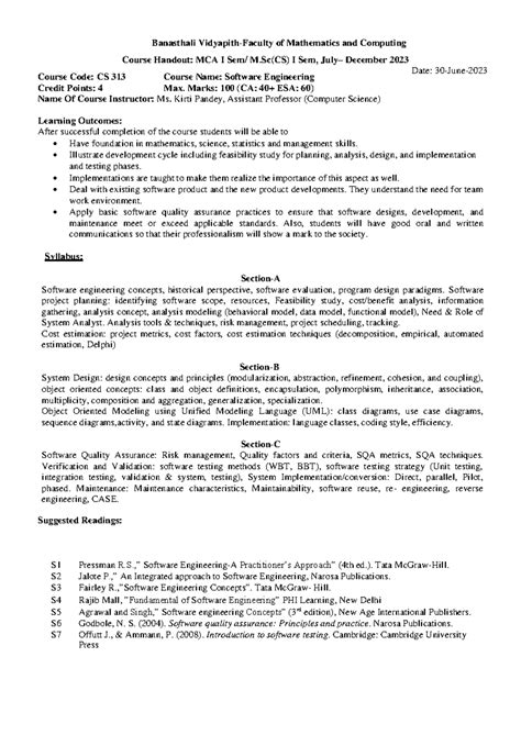 Handout Mca Msccs I Sem Cs313 Software Engineering July2023