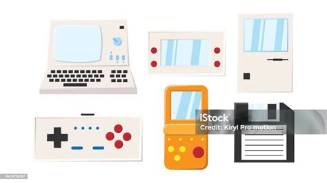 오래된 복고풍 빈티지 힙 스터 기술 전자 컴퓨터 Pc 플로피 플로피 디스크 70 년대 80 년대 90 년대의 게임 휴대용 비디오 게임 콘솔 세트 벡터 그림 기계장치에 대한