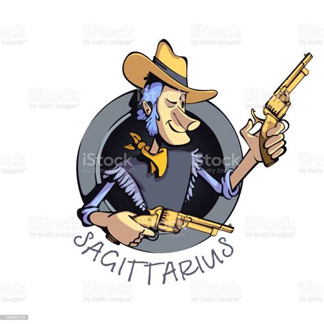 궁수 자리 조디악 기호 남자 플랫 만화 벡터 일러스트 총 점성술 별자리 기호와 서양 카우보이 상업용 인쇄 설계에 2d 문자를 사용할 준비가 되었습니다 격리된 개념 아이콘