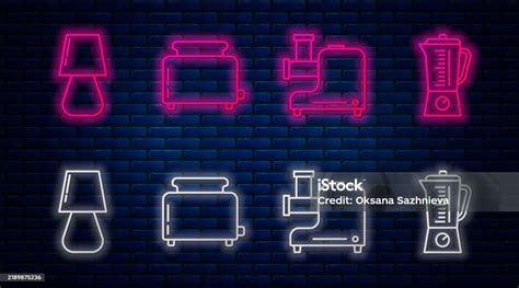 토스트가 있는 세트 라인 토스터 주방 고기 분쇄기 테이블 램프 및 믹서기 벽돌 벽에 빛나는 네온 아이콘입니다 벡터 가구에 대한 스톡 벡터 아트 및 기타 이미지 Istock