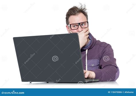 Male Programmer In Glasses With Laptop Isolated On White Background
