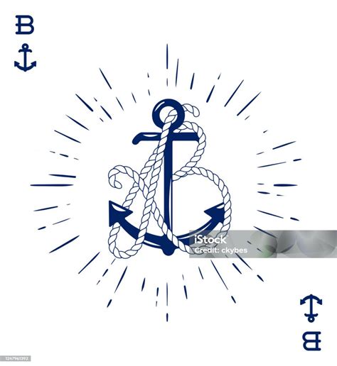 배 밧줄로 만든 앵커와 편지빈티지 라벨 의류 티셔츠 또는 포스터 디자인 카드 스타일 놀이와 로고 타입 모노그램 벡터 그림입니다 해적에 대한 스톡 벡터 아트 및 기타 이미지