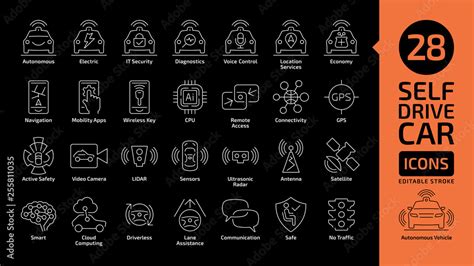 Driverless Smart Car Editable Stroke Icons Self Drive Autonomous Vehicle Outline Thin Symbols