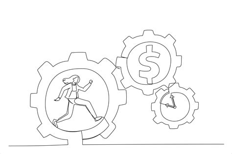 Drawing Of Businesswoman Running With Full Effort Inside Gear Cogs