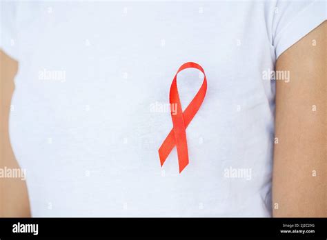 Woman Hand Holding Red Ribbon Hiv World Aids Day Awareness Ribbon