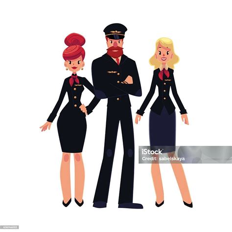 항공사 조종사와 두 명의 승무원 검은 색 유니폼을 입은 스튜어디스 2명에 대한 스톡 벡터 아트 및 기타 이미지 2명 날기