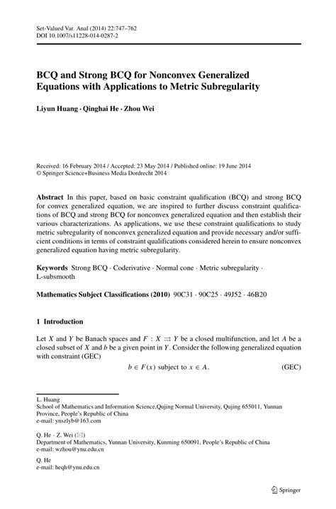 PDF BCQ And Strong BCQ For Nonconvex Generalized Equations With Applications To Metric