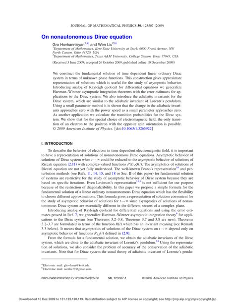 Pdf On Nonautonomous Dirac Equation