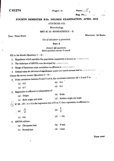 Biostatistics Question Paper For Third Semester C Pages Name Reg No FOURTH