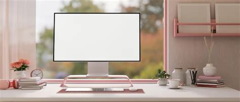 Premium Photo Beautiful Modern Girlie Pink Computer Desk With A Computer On A White Desk With