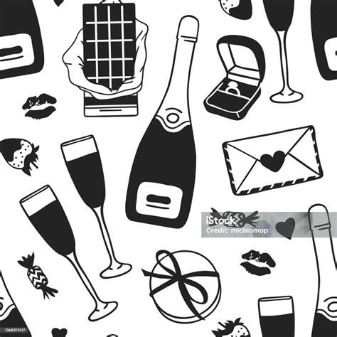 로맨틱 한 개체와 손으로 그린 패션 원활한 패턴 창조적 인 잉크 예술 작품 휴일 사물의 실제 벡터 그림 해피 발렌타인 데이 일러스트레이션 2월에 대한 스톡 벡터 아트 및