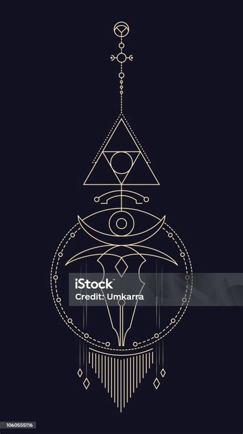 동그라미와 연금술 표지판 및 행성 요소 및 금속의 기호를 사용 하 여 양식된 두개골 기하학적 추상 구성 문신에 대 한