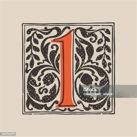 중세 인그레이빙 스타일의 넘버원 드롭 캡 로고 블랙 레터 스퀘어 이니셜 1에 대한 스톡 벡터 아트 및 기타 이미지 1 계산함 고대의 Istock