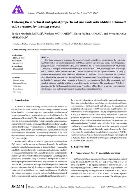 Pdf Tailoring The Structural And Optical Properties Of Zinc Oxide With Addition Of Bismuth