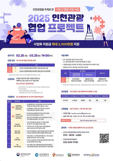 K 스타트업 수정공고2025인천관광협업프로젝트참여기업모집 인천광역시와 인천관광공사는 기업 간 새로운 관광 비즈니스 모델 발굴 및 인천관광 생태계 발전을