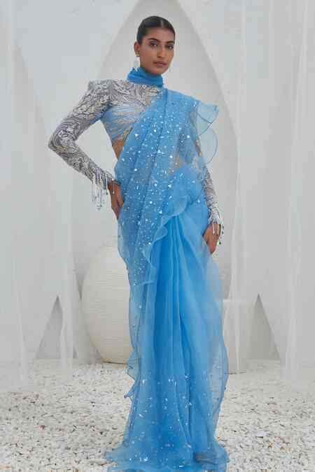 Buy Blue Net Hand Embroidery Sequins High Yadira Pre Stitched Saree