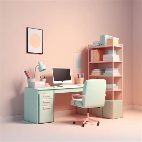 Premium Ai Image Modern Office Interior Design With Computer And Books 3d Rendering Modern
