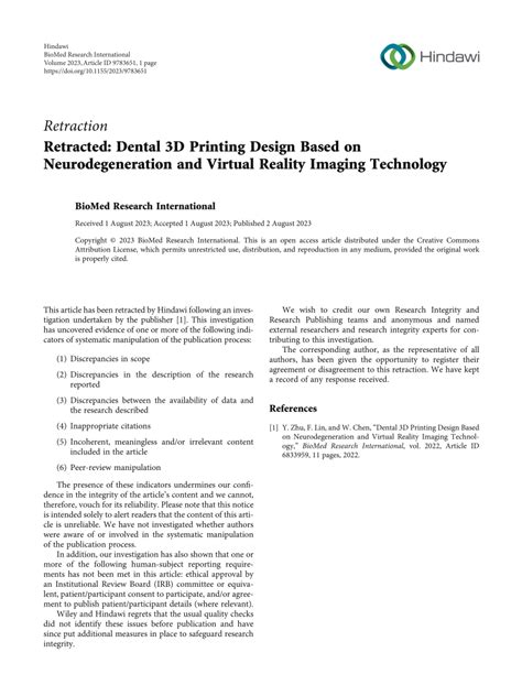 PDF Retracted Dental D Printing Design Based On Neurodegeneration And Virtual Reality