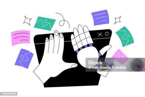 하이파이브 제스처 인간의 손이 로봇 손에 5개를 주고 인공 지능이 텍스트 이미지 인간을 위한 예술 작품 벡터 일러스트레이션을 만듭니다 생성형 인공지능에 대한 스톡 벡터 아트