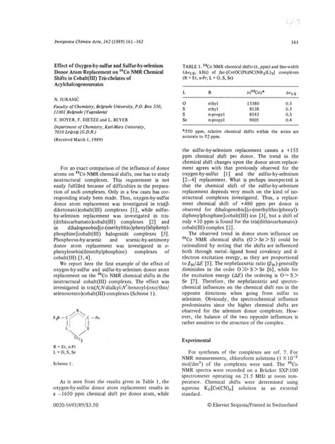 Pdf Effect Of Oxygen By Sulfur And Sulfur By Selenium Donor Atom Replacement On 59co Nmr