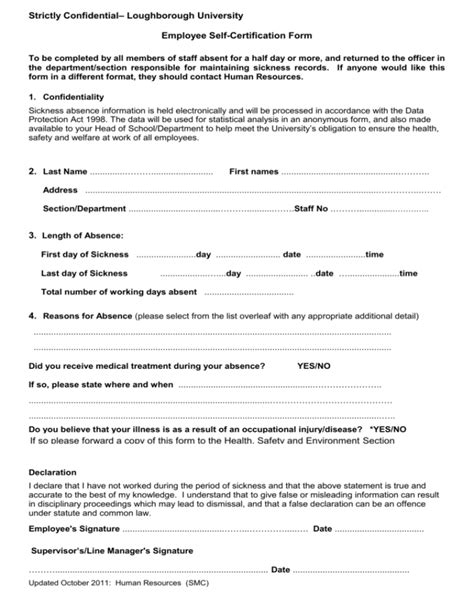 Employee Self Certification Form Loughborough University
