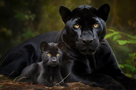 Free Ai Image View Of Black Panther And Cub In The Wild