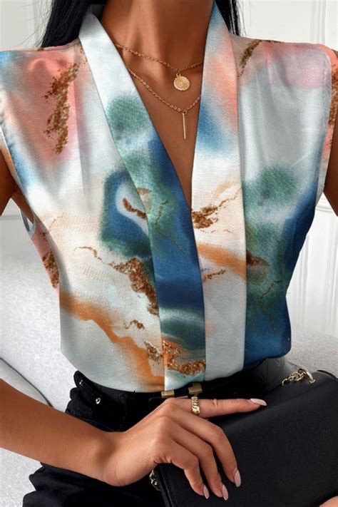 Wholesale Multicolor Casual Print Patchwork V Neck Tops K80055 5 Online